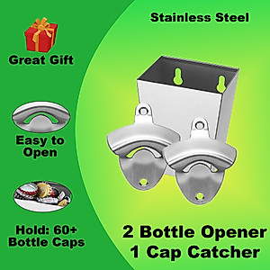 Jumiok Outdoor Stainless Steel Beer Bottle Opener Wall Mounted with Cap Catcher Narrow Drainage Openings (Brushed Silver)
