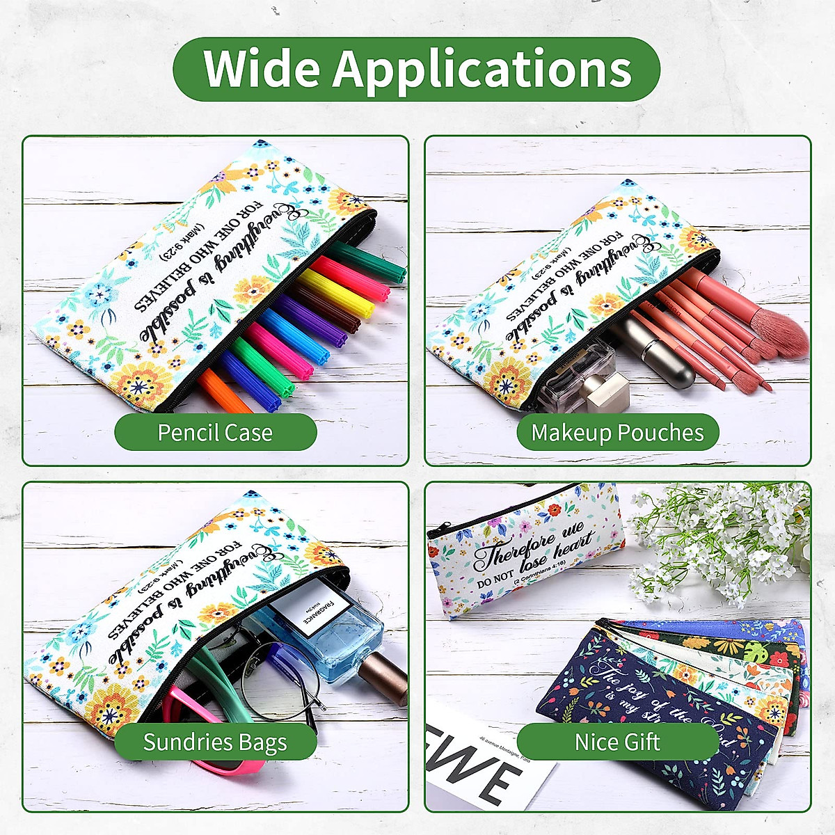 Zonon Bible Verse Pencil Pouch Faith Journals for Women, Rustic Floral Patterned Inspirational Quote Bible Pencil Case Bible Study Supplies Makeup Bags for Women, 6 Pieces (Novel Style,7.7 x 4 Inch)