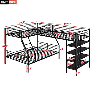 RUNWON Twin Over Full L-Shaped Metal Bunk Bed w/Twin-Size LoftBed with Four Built-in Shelves for Kids Teens Bedroom