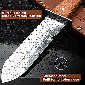 SHALL Hori Hori Garden Knife, Rosewood Handle Gardening Tool with Leather Sheath & Hide Rope, 7” Stainless Steel Blade with Cutting Edge for Rope, Full-Tang, for Digging, Weeding, Planting