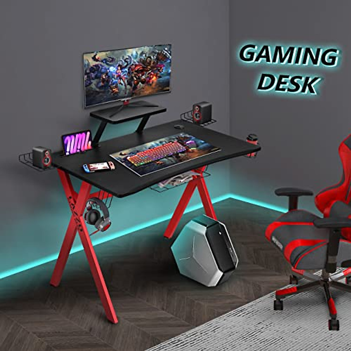 OKL 42” Gaming Desk- Home Office Computer Table, Black Carbon Fiber Gamer Workstation with Monitor Support，Headphone Hook，Pad Groove，Cable Management Holes，Storage Basket for PS4 Xbox (Red)