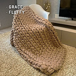 Shalenine Chunky Knit Blanket Throw Merino Wool Blend Handmade Decor Giant Yarn Large Cable Knitted Blanket,Khaki,40''x40''