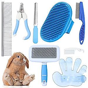 Rabbit Grooming Kit, Rabbit Brush, Small Animal Pets Grooming Kits Include Pet Grooming Shedding Slicker Brush, Bath Massage Glove Brush, Nail Clipper, Flea Comb, Pet Double-Sided Comb for Rabbits Guinea Pigs Hamster Bunny (blue)