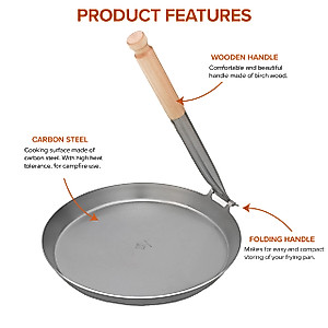 Stabilotherm JÄGARSTEKPANNA Original XL Carbon Steel Frying Pan with Foldable Steel Pipe Handle, for Outdoor Indoor Cooking, Camping