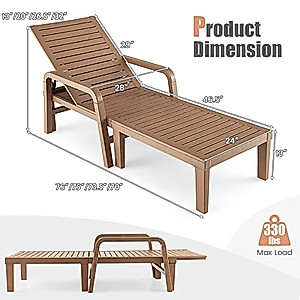 Tangkula Chaise Lounge Chair for Outside, Waterproof PP Patio Lounger with 4-Level Adjustable Backrest and Wood Texture Surface, Outdoor Recliner Chair with Armrests for Poolside Backyard (1, Natural)