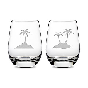 Integrity Bottles Premium Stemless Wine Glasses, Set of 2, Palm Trees, Deep Etched 16oz Stemless Gifts, Made in USA, Sand Carved by Hand