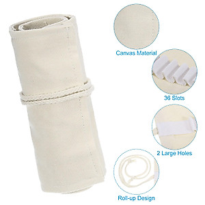 PATIKIL Handmade 36 Slots Roll Up Pencil Case, 2 Pack Canvas Pencil Wrap Pouch Pen Holder Organizer for Artist Drawing Coloring Sketching, White