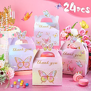 Nezyo 24 Pcs Butterfly Party Favor Treat Boxes, Pink and Purple Butterfly Floral Goodie Gable Candy Box Paper Gift Box for Birthday Party Supplies Baby Shower Wedding Party (Vivid Style, 24 Pcs)