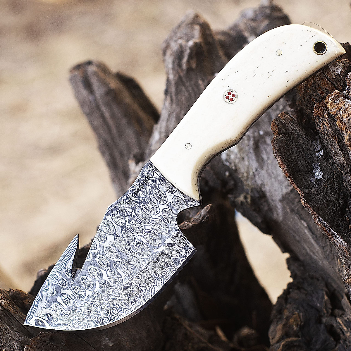 LH LIMASSOL 8 INCH Fixed Blade Custom Handmade Damascus steel Gut Hook knife/Hunting knife / skinner knife /Gut Hook knife leather sheath (camel bone)