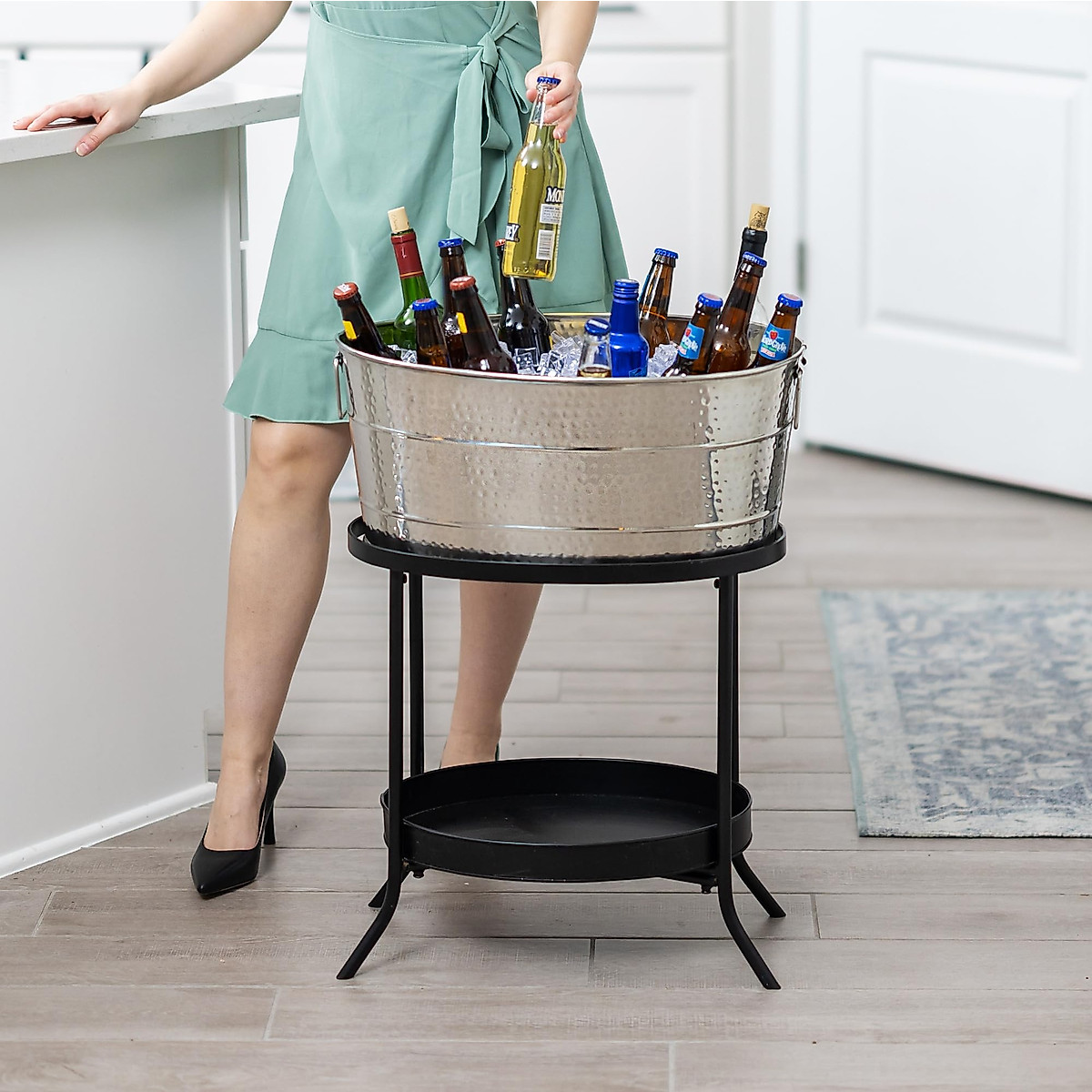 BREKX Aspen Hammered Stainless-Steel Beverage Tub, Ice and Drink Bucket with Metal Stand, 25-Quart for Parties