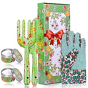 MERTURN Garden Tool Set,6Pcs Heavy Duty Aluminum Gardening Tools Kit Include Garden Gloves,Rake, Shovel,Candles, Gardening Gifts Box for Women Men Gardener with Floral Pattern