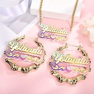 Gemiac Custom Name Necklace Personalized Name Earrings Double Plated Name Necklace with Heart Acrylic 18K Gold Plated Nameplate Necklace Jewelry Gift for Women