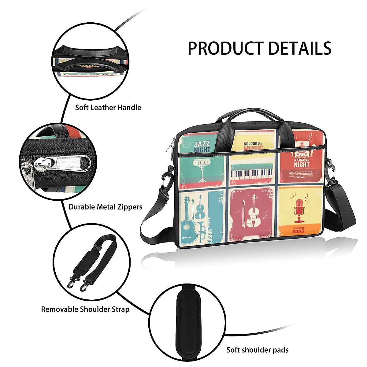 Music Type Laptop Computer Bag Waterproof Shoulder Messenger Bag 13-15 inch Durable Laptop Tote Bag with Shoulder Strap Handle Lightweight Crossbody Briefcase