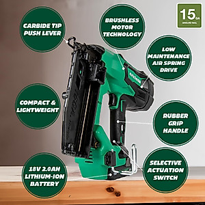 Metabo HPT 18V MultiVolt™ Angled Cordless Finish Nailer Kit, 15 Gauge, 1-1/4" up to 2-1/2" Angled Finish Nails, (1) 18V 2.0Ah Lithium Ion Battery, Charger, Bag, Lifetime Tool Warranty, NT1865DMAST