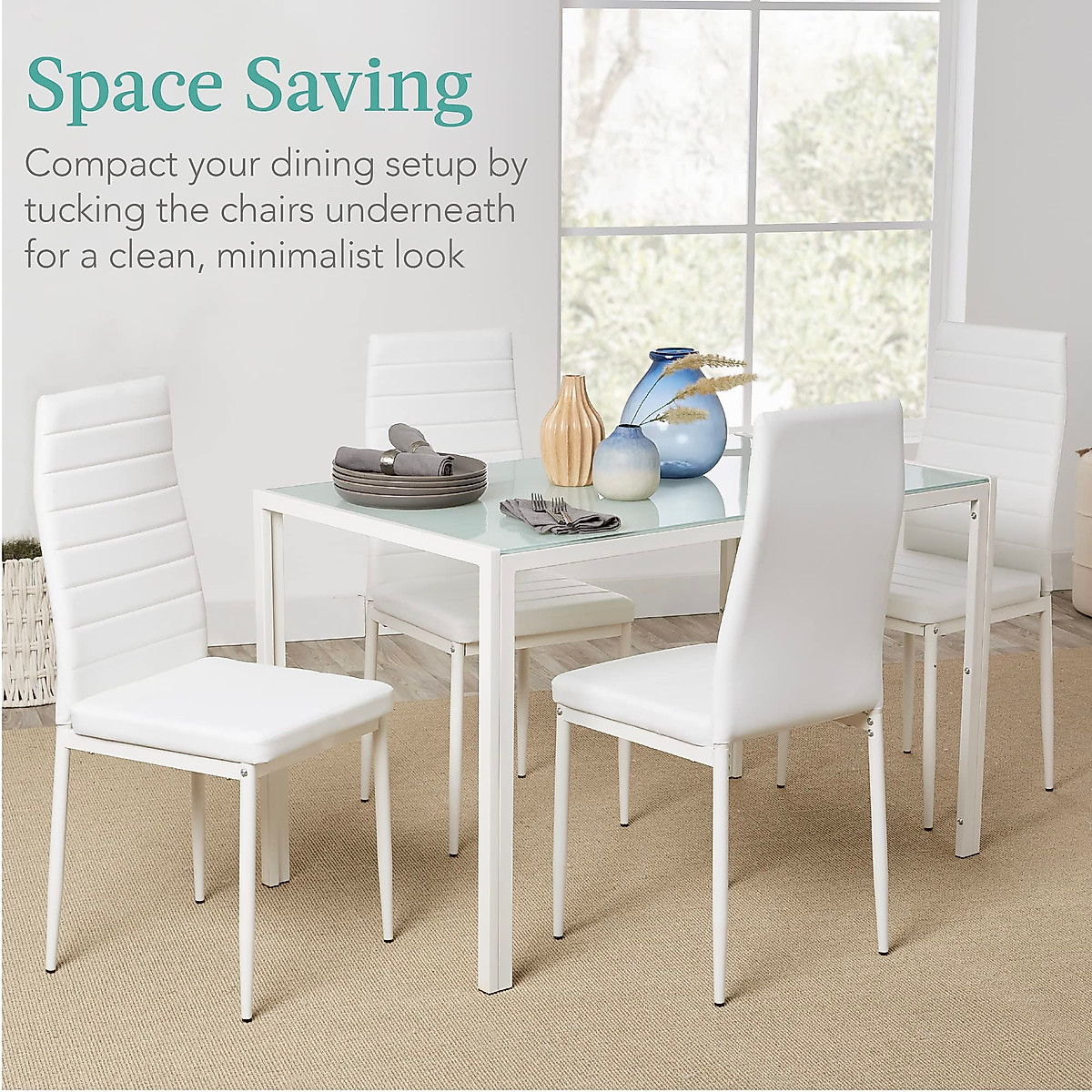 Best Choice Products 5-Piece Kitchen Dining Table Set for Dining Room, Kitchen, Dinette, Compact Space w/Glass Tabletop, 4 Faux Leather Metal Frame Chairs - White