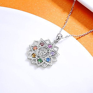 Chakra Yoga Lotus Flower Necklace 925 Sterling Silver Om Ohm Symbol Crystal Pendant Necklace Spiritual Jewelry Gift for Women (Chakra Lotus Flower Necklace)