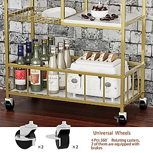 Azheruol Bar Cart 3 Tiers Removable Storage Tray with Wine Rack & Basket Tier,Rolling Beverage Cart,Mobile Bar Serving Cart with Handle, White Marble Wood and Gold Frame Home Kitchen Shelf for Party