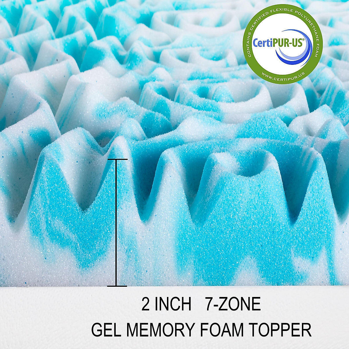 Askme 2 Inch 7-Zone Queen Memory Foam Mattress Topper, Cooling Gel Foam Mattress Topper for Pressure Relief,Bed Topper in a Box CertiPUR-US Certified, Queen Size