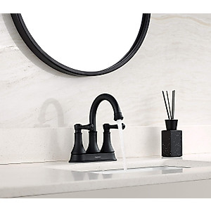 TimeArrow Matte Black 2 Handle Centerset Bathroom Sink Faucet 3 Holes with Drain Assembly, High Arc Modern 4 Inch Bathroom Vanity Lavatory Faucet with Brass 360° Swivel Spout, TAF067Y-MB