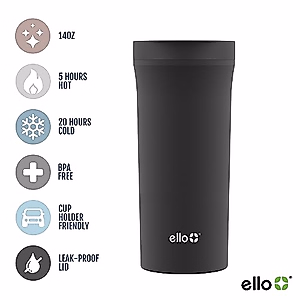 Ello Arabica 14oz Vacuum Insulated Stainless Steel Powder Coat Travel Mug with Leak-Proof Slider Lid, Keeps Hot for 5 Hours, Perfect for Coffee or Tea, BPA-Free Tumbler, Black