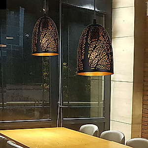 MURUIEN Dimensional Carving Process Pendant Lamp Outer Black and Inner Gold Iron Hollow-Out Chandelier E26/E27 Lamp Holder Pendant Light Fixtures Restaurant Kitchen Hanging Light
