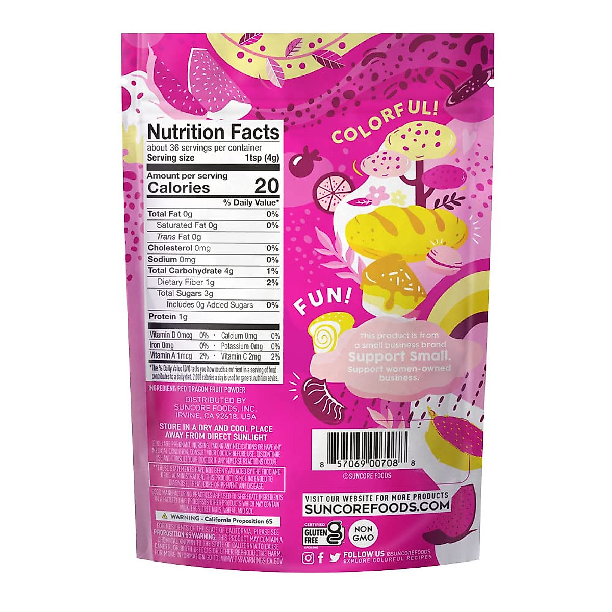 Suncore Foods Pink Pitaya Powder, Pink Food Coloring Powder, Gluten-Free, Non-GMO, 5oz (1 Pack)