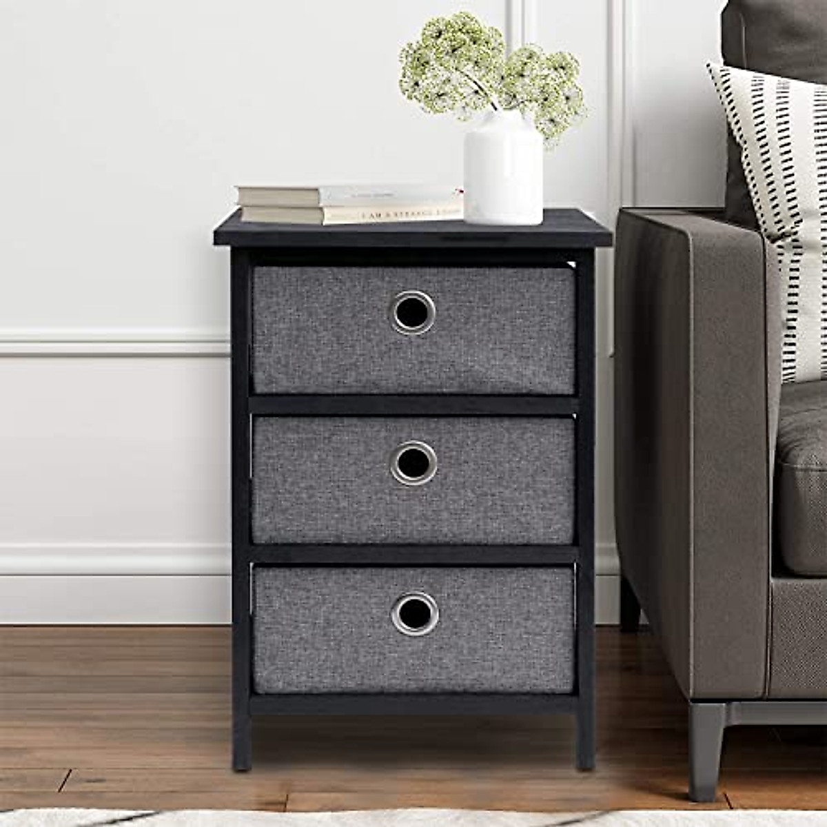 ECOMEX Nightstand with 3 Drawers, Small Night Stand Storage Dresser, Bedside Table Organizer Furniture Stand Unit for Bedroom, Fabric Dresser, Organizer Unit, Easy Pull Fabric Bins,Dark Grey