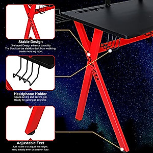 OKL 42” Gaming Desk- Home Office Computer Table, Black Carbon Fiber Gamer Workstation with Monitor Support，Headphone Hook，Pad Groove，Cable Management Holes，Storage Basket for PS4 Xbox (Red)