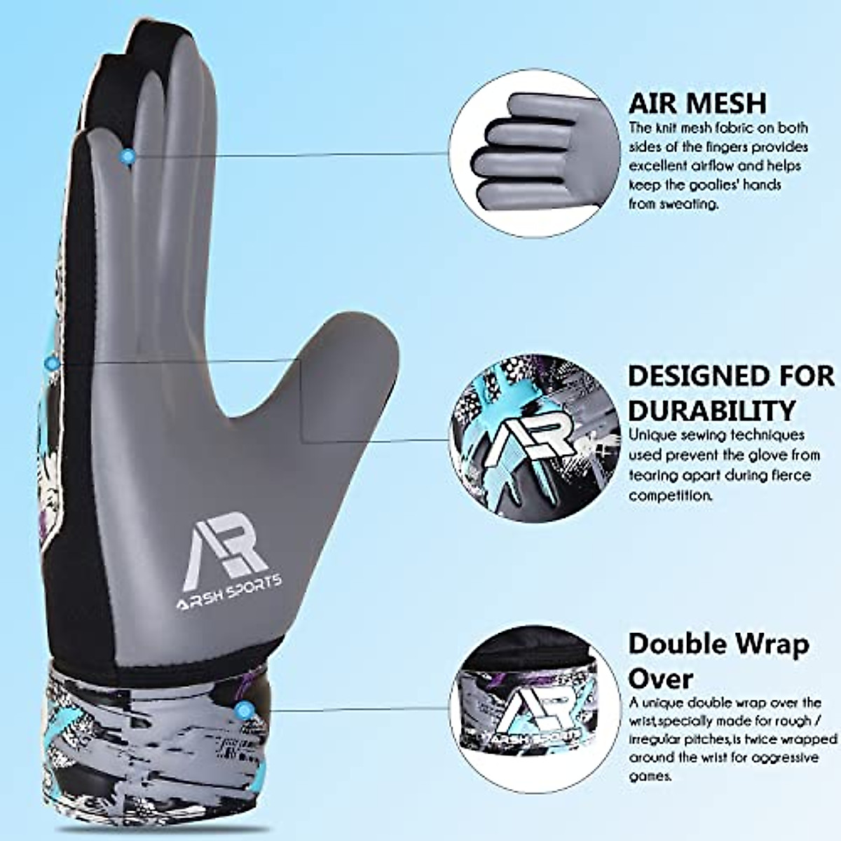 Arsh Sports Soccer Goalie Gloves, Football Goalkeeper Gloves for Kids Boys Children Youth Goalkeeping with 4mm Latex Finger Spine Protection (Gray, Size 4 Suitable for 6-9 Years)