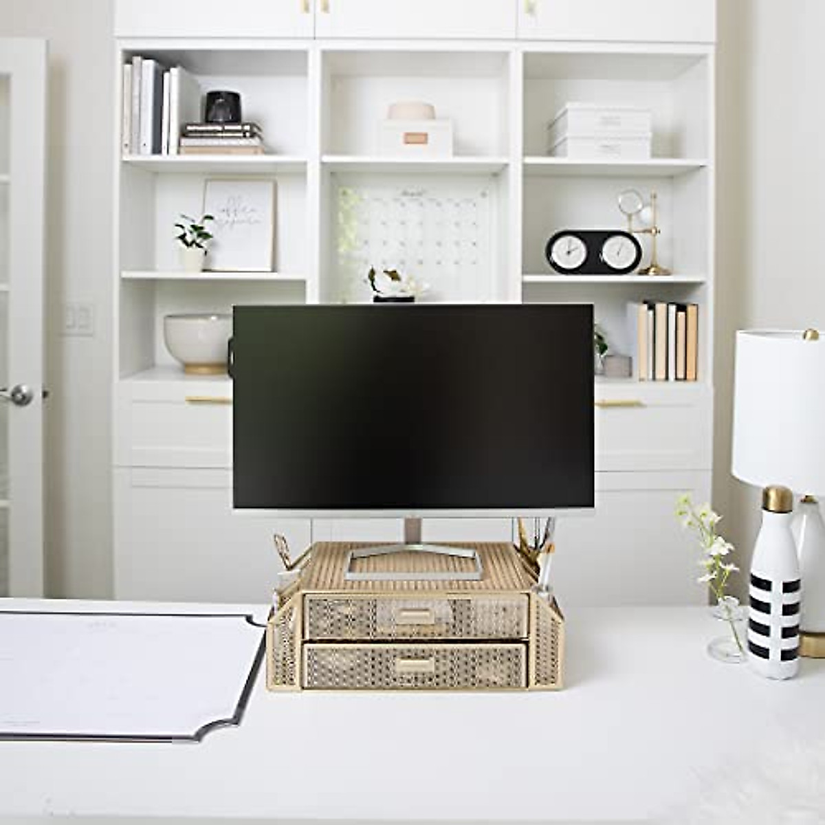 BLU MONACO Gold Monitor Stand with Drawer – Computer Monitor Riser with Storage – Laptop Stand for Desk with Storage - Laptop Organizer - Desk Organizer with Drawers