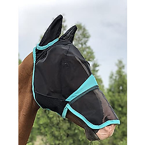 TGW RIDING Horse Mask Full Face Mesh Mask Fine Mesh with Ears and Long Nose (Cob, Black/Turquoise)