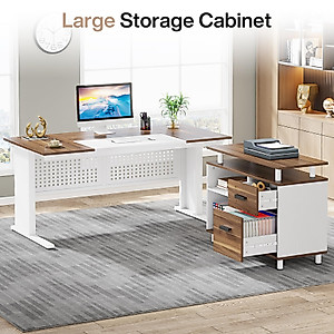 Tribesigns 63 Inch Executive Desk with File Cabinet, Large Office Desk L Shaped Computer Desk with Drawers and Storage Shelves, Business Furniture Desk Workstation for Home Office, White and Walnut