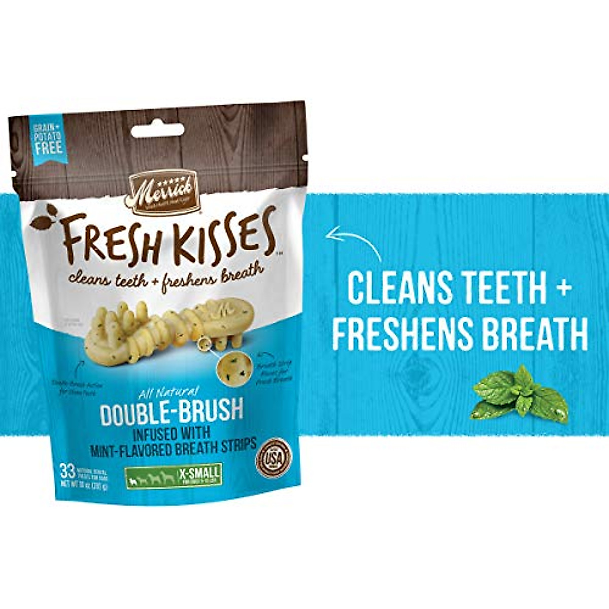 Merrick Fresh Kisses Double-Brush Dental Dog Treats With Mint Breath Strips For Toy Breeds - 33 ct. Bag