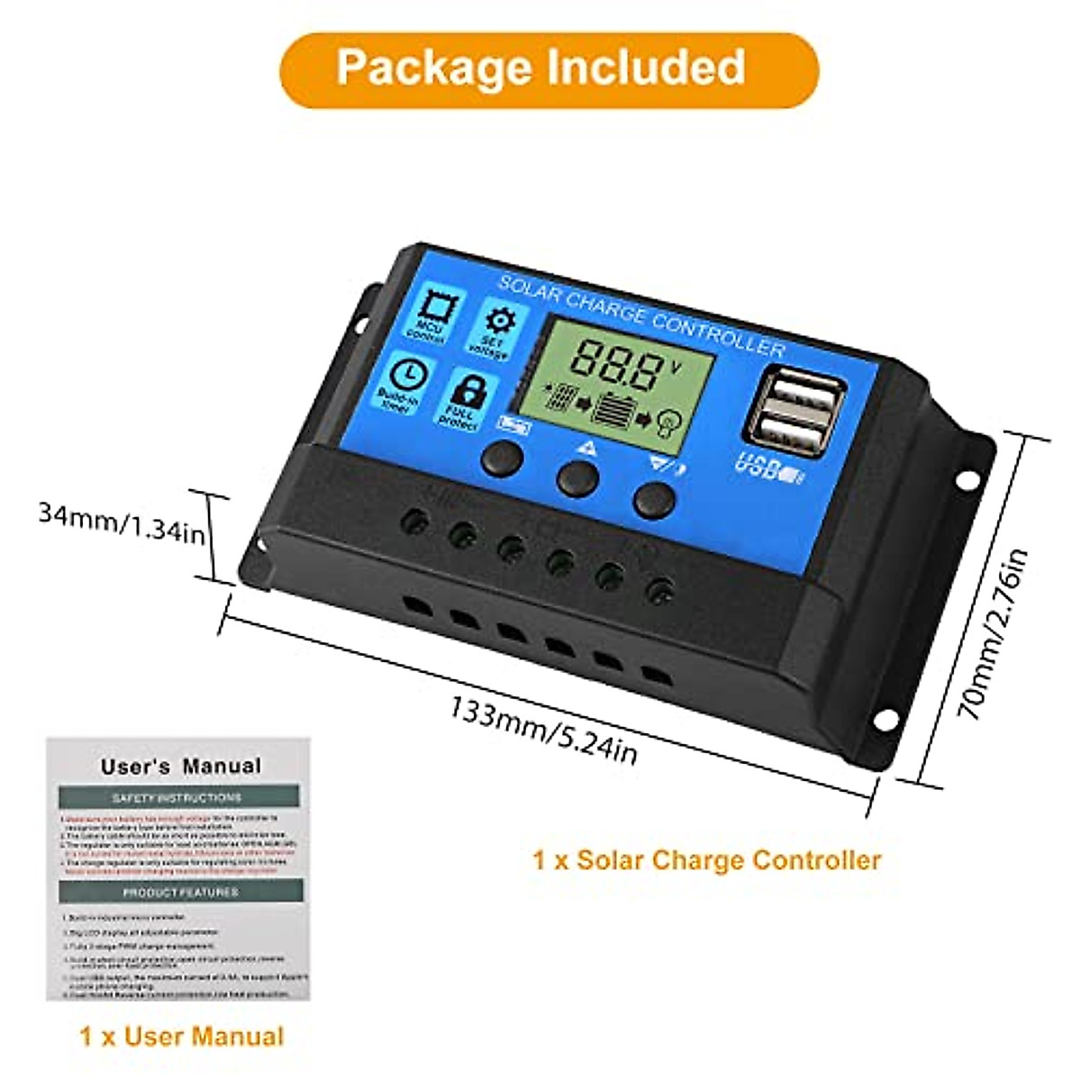 EEEKit 20A Solar Charge Controller, 12V/24V Solar Panel Battery Intelligent Regulator with Dual USB Port PWM Auto Parameter Timer Setting Adjustable LCD Display, Blue