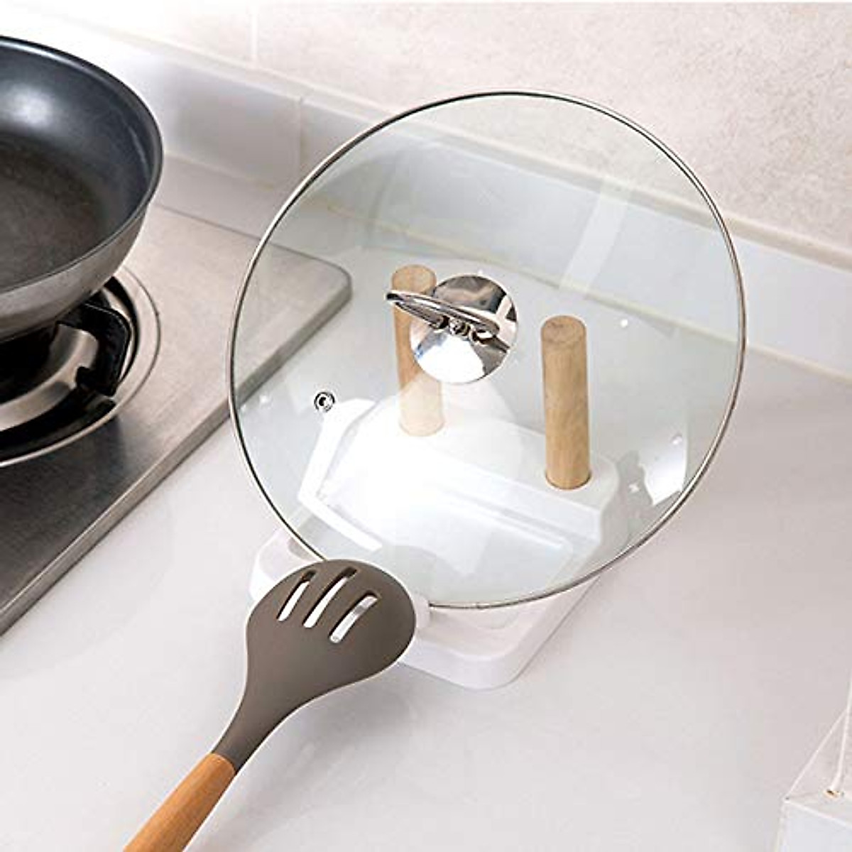 XJJZS Wooden Pot Rack Spoon Holder Pan Cover Lid Rest Stand Home Applicance Drain Rack The Goods for Kitchen Accessories