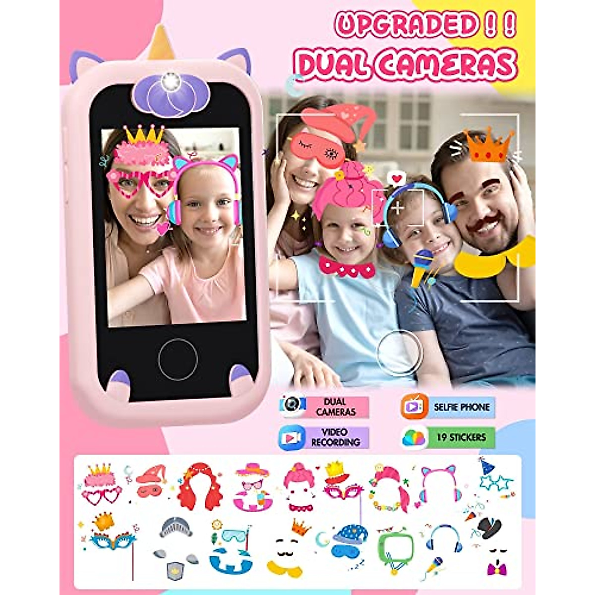Joozfee Kids Smart Phone for Girls Unicorns Gifts for Girls Toys 8-10 Years Old Phone Touchscreen Learning Toy Christmas Birthday Gifts for 3 4 5 6 7 8 9 Year Old Girls with 8G SD Card (Unicorns)