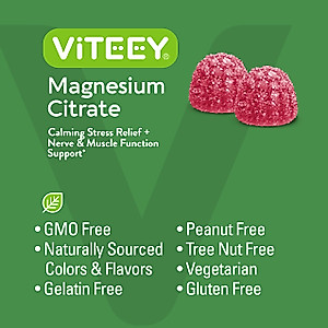 Magnesium Citrate Gummies for Adults & Teens - 66mg, Supports Calm Mood, Optimal Relaxation, Muscle Function - Vegetarian, Gelatin Free, GMO Free - Tasty Chewable Raspberry Flavored Gummy