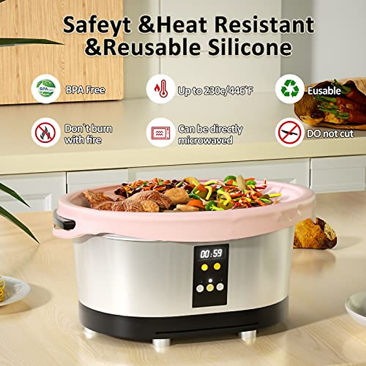 Silicone Slow Cooker Liners Fits for 6-8 Quarts Crockpot,Reusable Silicone Cooking Bags Liners,Dishwasher Safe/Easy Clean/Leakproof/Slow Cooker Accessories for Oval Or Round Cooker (pink+yellow,7-8QT)