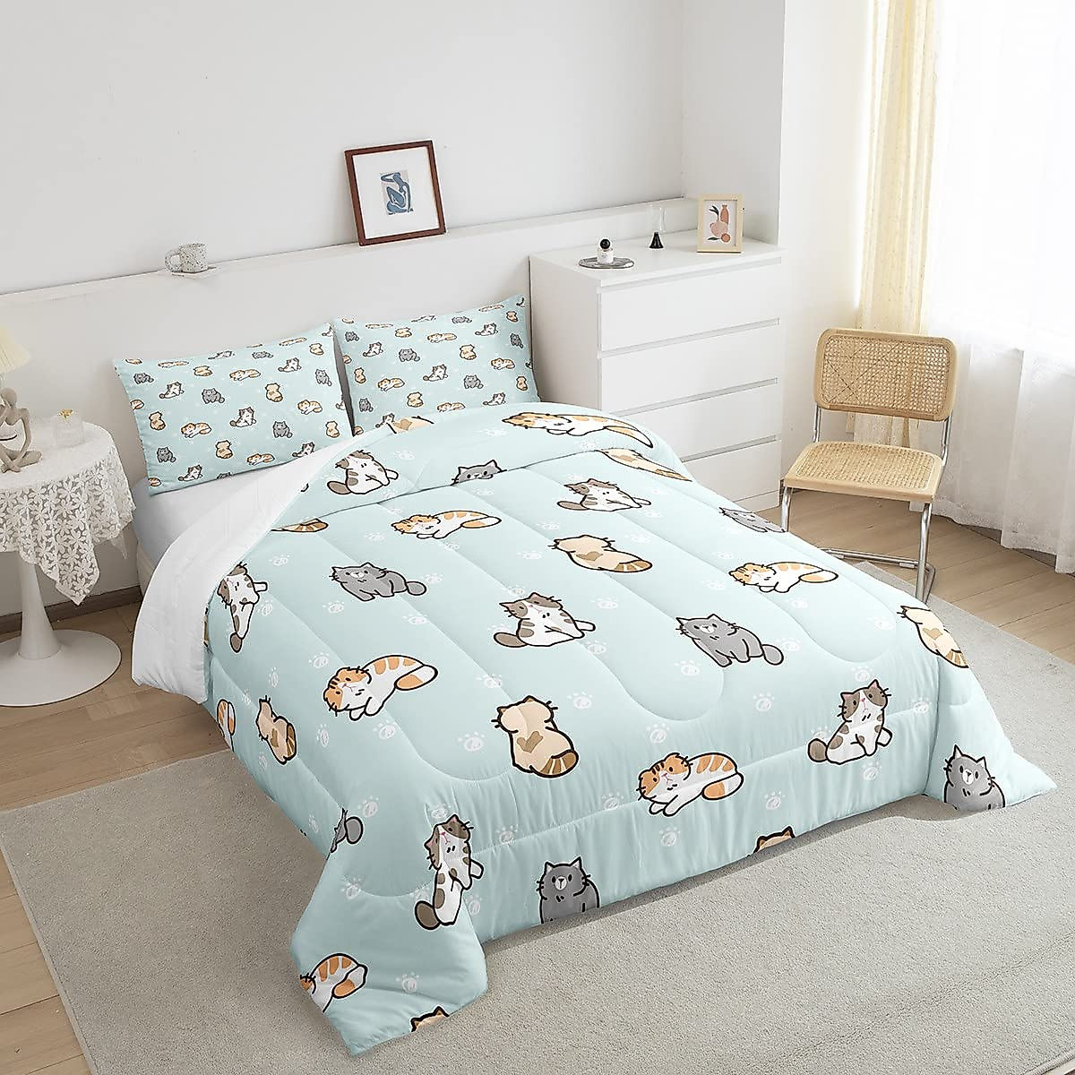 Cartoon Cat Comforter Set for Girls Kids Kawaii Cats Print Comforter Cute Kitten Animal Room Decorative Bedding Set Cat Lover's Gift Green Duvet Set Twin Size 2Pcs Quilt Set