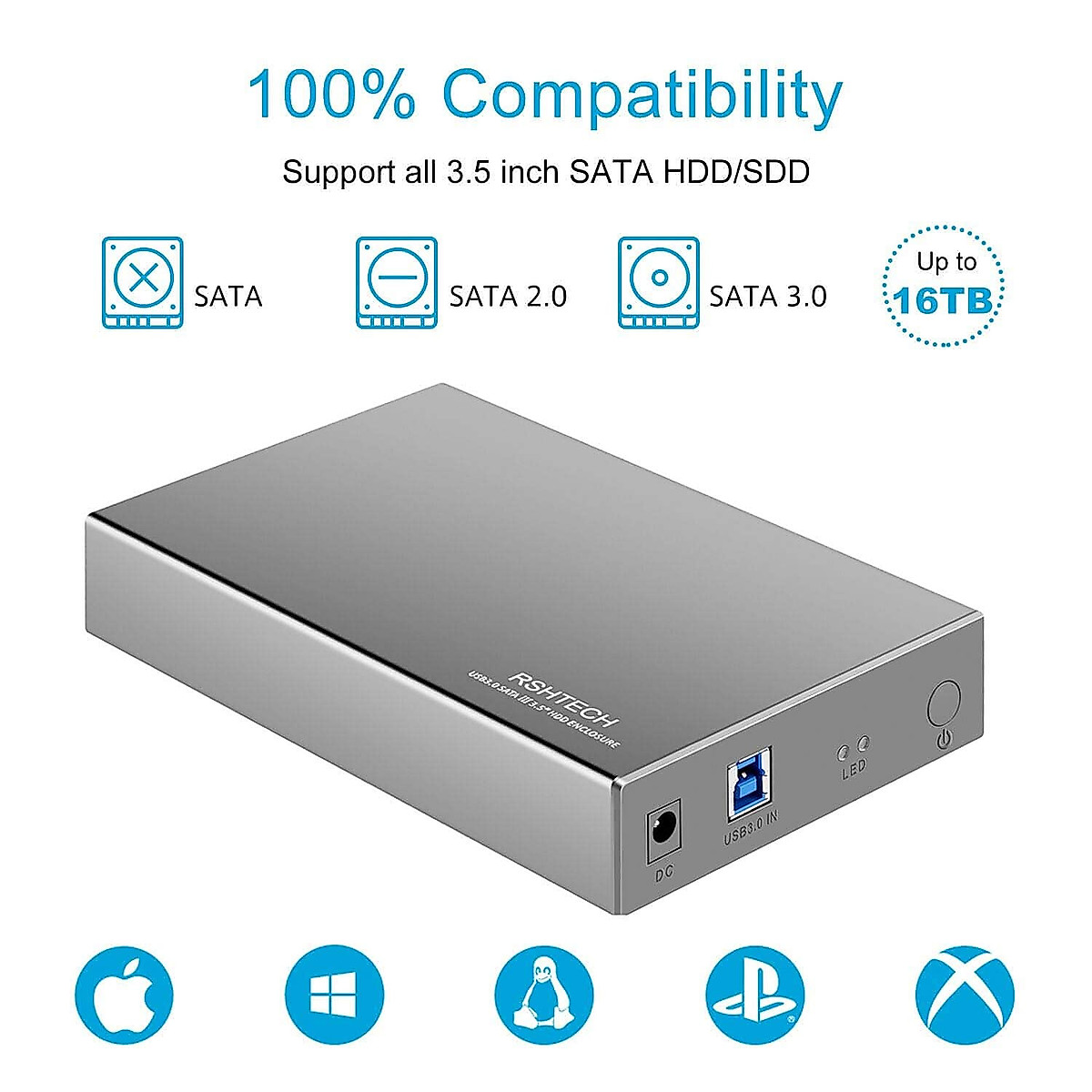 Hard Drive Enclosure RSHTECH USB 3.0 to SATA Aluminum External Hard Drive Dock Case for 3.5 inch HDD SSD up to 16TB Drives, Support UASP (RSH-339)