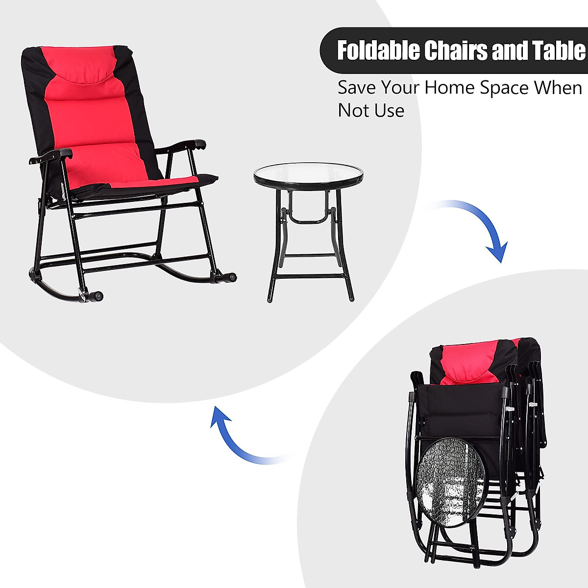 Tangkula 3 Pieces Folding Bistro Set, Outdoor Rocking Chairs with Round Table Set, Foldable Chairs & Glass Top Coffee Table, Patio Folding Furniture Set for Backyard, Garden, Poolside, Porch (Red)