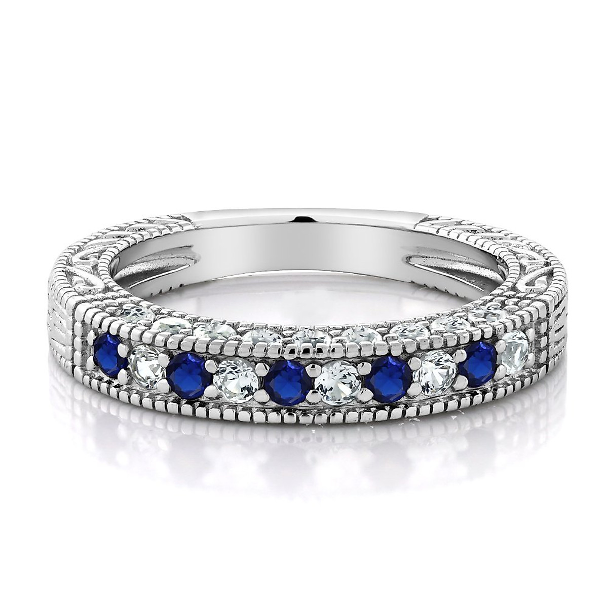 Gem Stone King 925 Sterling Silver Blue and White Created Sapphire Ring | Wedding Band Ring For Women | 1.00 Cttw | Available In Size 5, 6, 7, 8, 9
