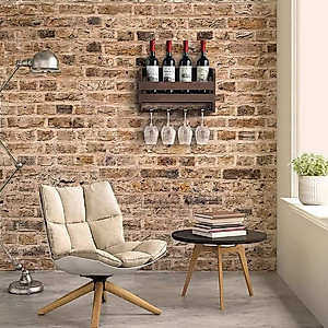 Wall Mounted Wine Rack Storage Shelf | Holds Up to 5 Bottles and 4 Glasses | Easy Mount Hanging Glass and Bottle Holder Organizer Wooden Shelves Modern Display for Home and Kitchen - Rustic Brown