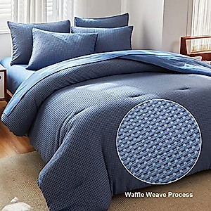 WARMDERN Blue Comforter Set Queen Size Waffle Weave Lightweight Bedding Comforter Sets Soft Microfiber Down Alternative Comforter 7 Pieces Bed in A Bag All Season(Blue, Queen)