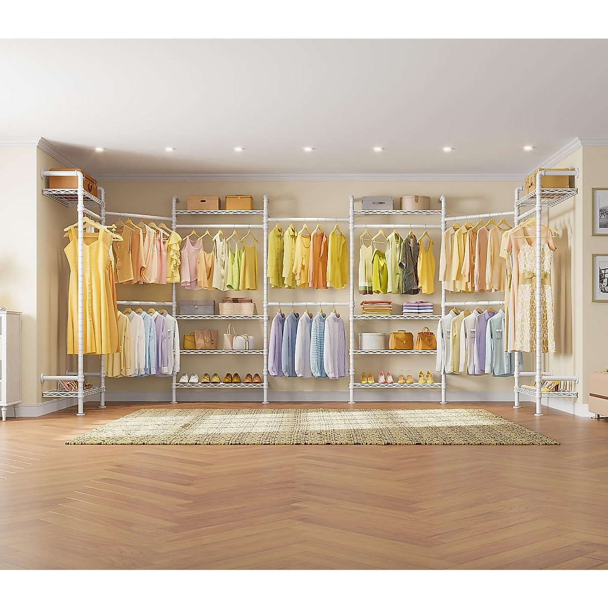 Timate L3 L Shape Garment Rack Heavy Duty Clothes Rack for Hanging Clothes, Expandable Industrial Pipe Wall Mounted Clothing Rack, Adjustable Corner Closet Wardrobe Closet Kit Closet Systems, White