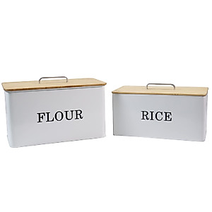 Gdfjiy Kitchen Canisters Set of 2, Metal Rice Storage Bin Flour Tin, Rustic Farmhouse Canister Jars, Food Storage Container for Rice Flour Soybean Grain Cereal-White
