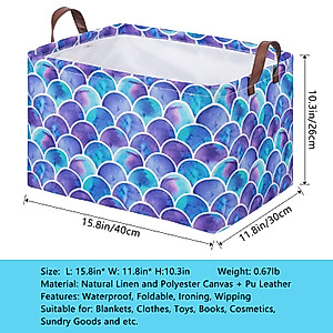 Funnewban Mermaid Storage Bin Basket Collapsible with Leather Handles Waterproof Canvas Storage Cube Box for Closet Toys Clothes Nursery Room Gift Basket