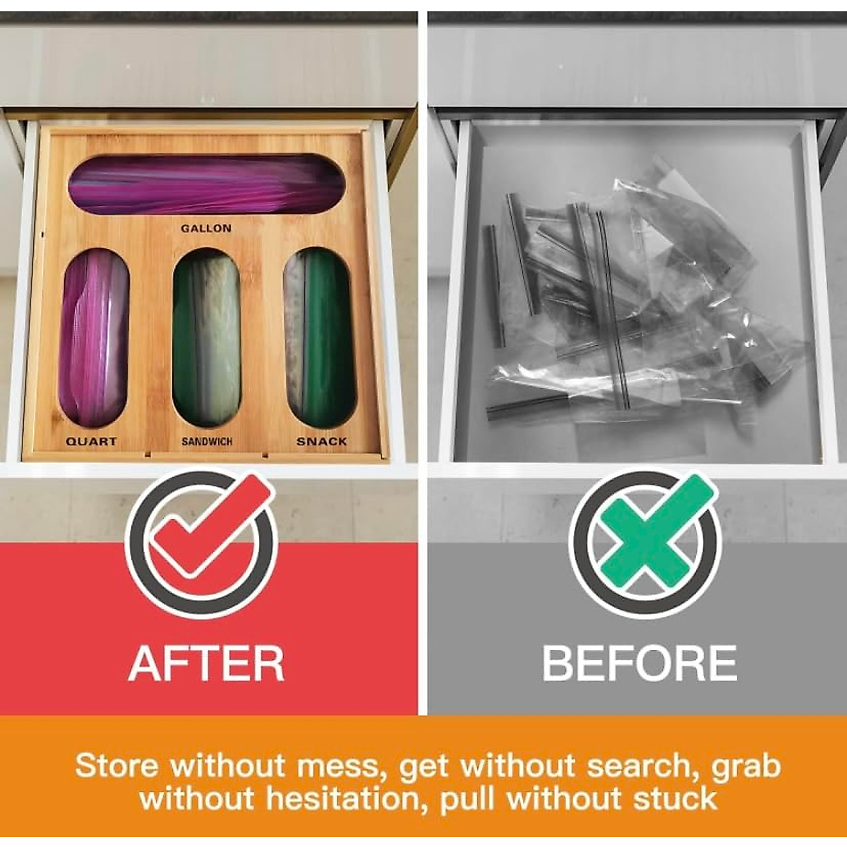 CNL DESIGNS INC. Bamboo Ziplock Bag Organizer for Drawer, Food Storage Organizer, Sandwich Bag Organizer for Kitchen, Compatible with Gallon, Quart, Sandwich & Variety Snack Size Bags.