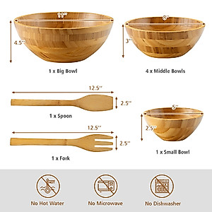 Giantex 8 PCS Bamboo Salad Bowl Set, 2 Serving Utensils, Large 11 Inch, 3 Sizes Mixing Bowls for Vegetable Fruit Soup Cereals Dipping Sauce Nuts, Stackable Dish Dinnerware Natural
