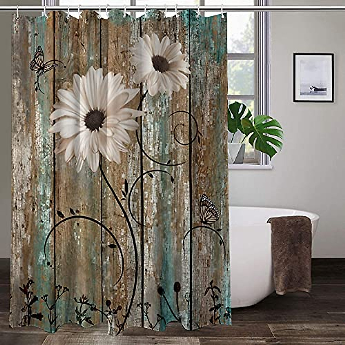 4 PCS Rustic Flower Shower Curtain Set with Non-Slip Rug,Toilet Lid Cover,U Shape Mat,Farmhouse Waterproof Fabric Shower?Curtains with 12 Hooks and Rug Mat Set for Bathroom,71''L